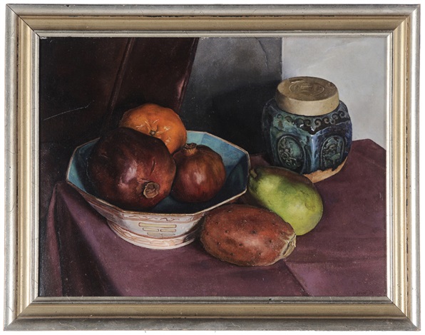 Pear, Pear Cactus and Pomegranates with Asian Ceramics by Luigi Lucioni ...