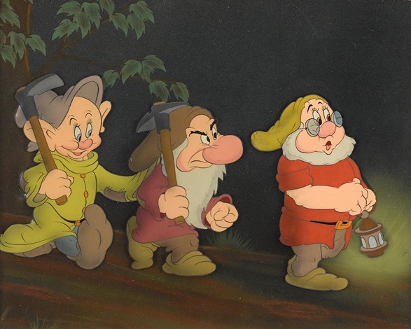 A celluloid of three dwarfs from Snow White and the Seven Dwarfs by ...