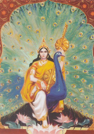 The goddess Saraswati on a peacock by Tony Royle on artnet