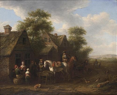 A village scene with horsemen halting near farmhouses and other figures ...