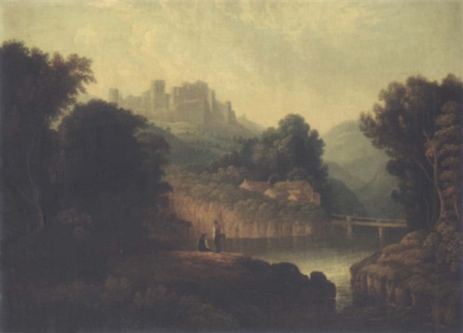 A river landscape with fishermen in the foreground and a ruined castle ...