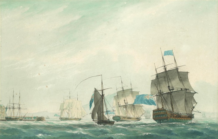 Two views of a Squadron of the Blue offshore, with a Vice-Admiral ...