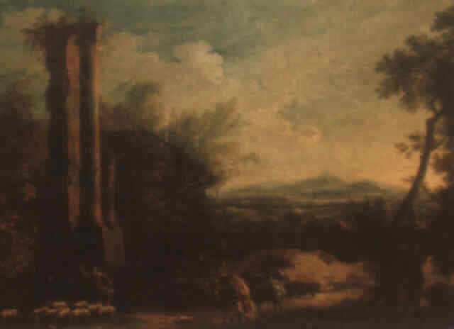 Extensive Italianate landscape with ruins, a traveller and a shepherd ...
