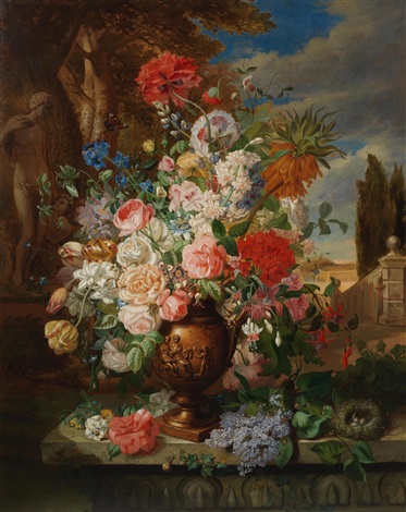 Summer flowers and a birds nest before a terrace by John Wainwright on ...