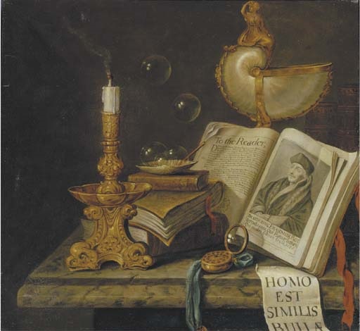 A vanitas still life A gilt candlestick, books, soap bubbles, a pocket ...