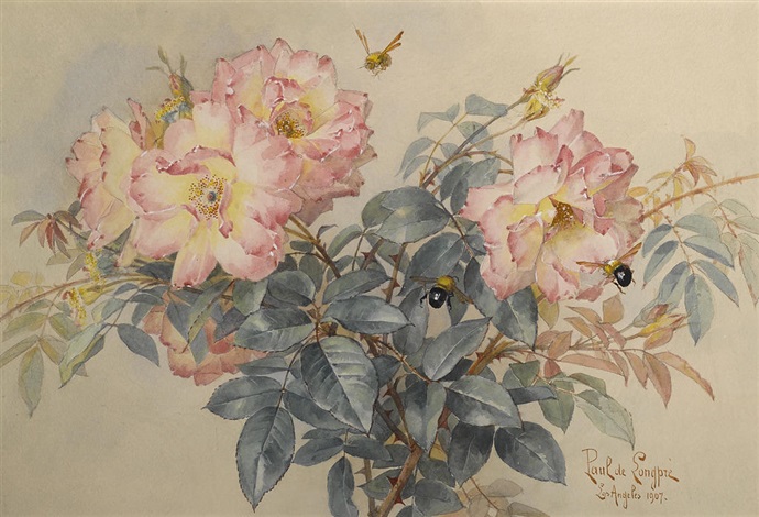 Pink roses and bees by Paul de Longpre on artnet