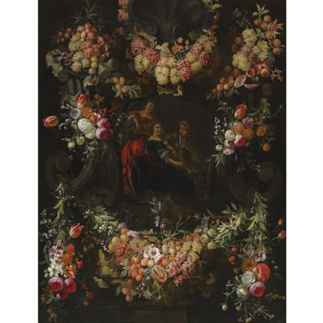 A garland of fruit and flowers around a stone cartouche with elegant ...