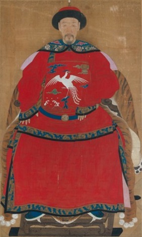 A Fine and Large Chinese Portrait of a Civil Official in Red Court Robe ...