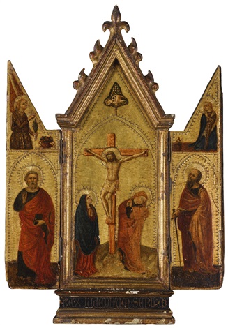 A PORTABLE TRIPTYCH, WITH THE CRUCIFIXION, THE ANNUNCIATION, TWO SAINTS AND THE PELICAN IN HER ...