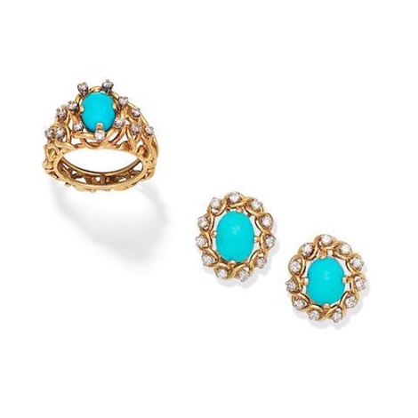The ring of intertwined design, set with turquoise and brilliant-cut ...