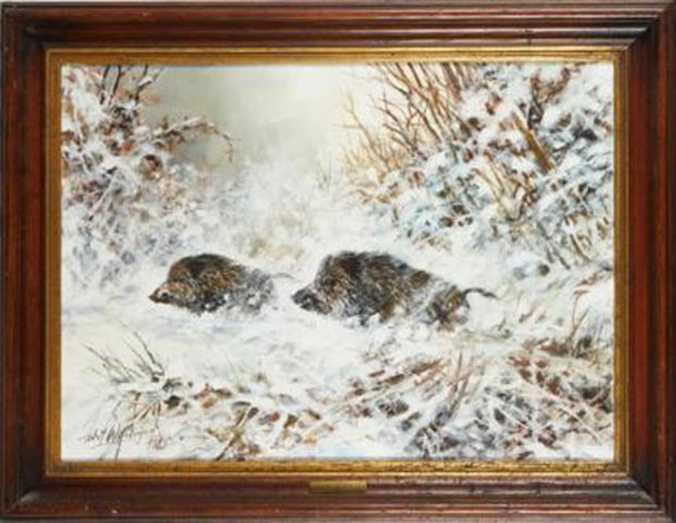 Wildschweine am winterlichen Waldrand by Hubert Weidinger on artnet