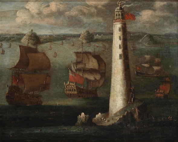 Man-of-wars and other vessels before the Eddystone lighthouse by Isaac ...