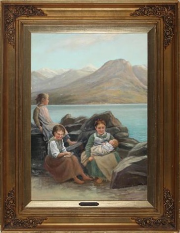 Mountain scenery with girls sitting at a lake by Wenzel Ulrik Tornoe on ...
