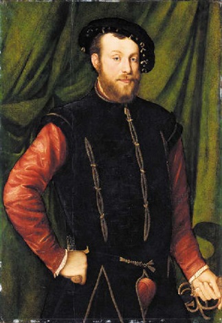 Portrait of a bearded man in a black doublet with crimson sleeves and a ...
