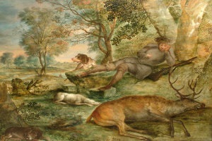 Huntsman resting beneath a tree with a fallen stag and hounds by Dutch ...