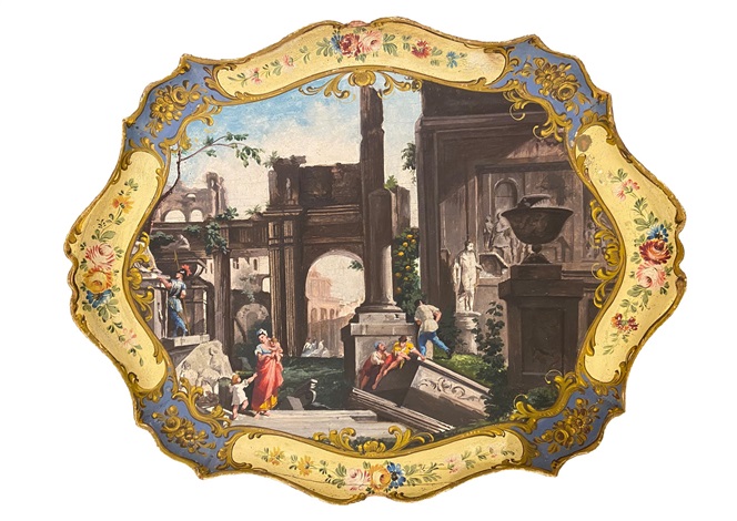 A tray painted with a capriccio of ruins with figures by Marco Ricci on ...