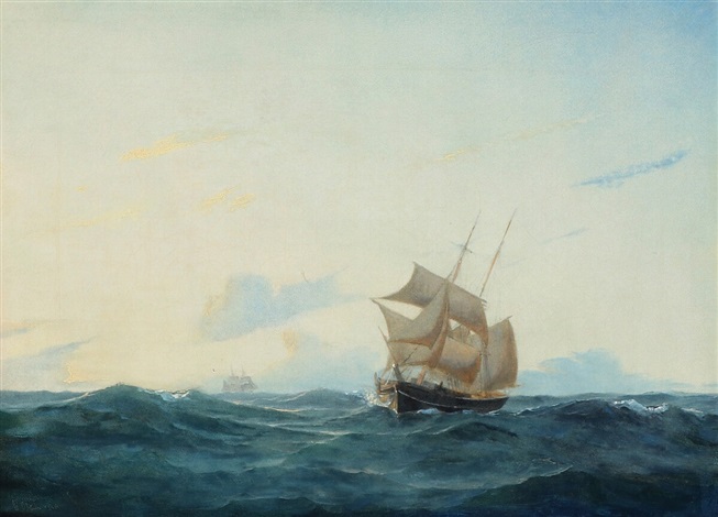 Seascape with sailing ship in rough seas by Carl Julius Emil Olsen on ...