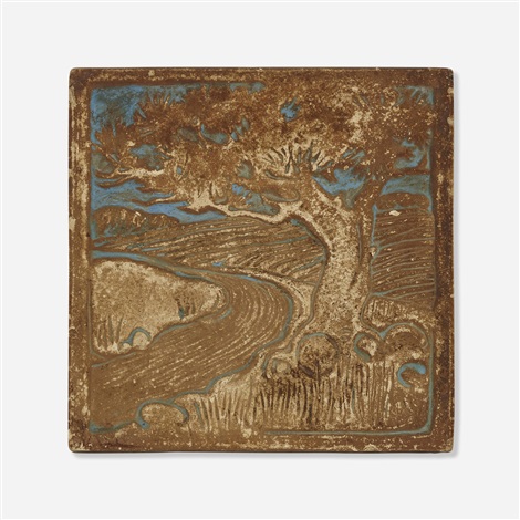Landscape tile with tree and field by Ernest A. Batchelder on artnet