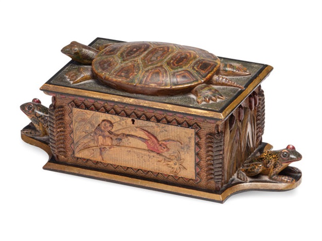 A Carved and Painted Wood Valuables Box with Masonic Interest by Joseph ...