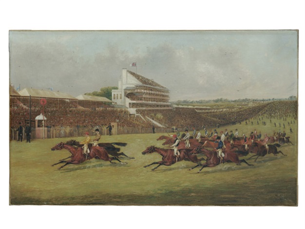 The race for the Derby, 1872 the field rounding Tattenham Corner, a ...