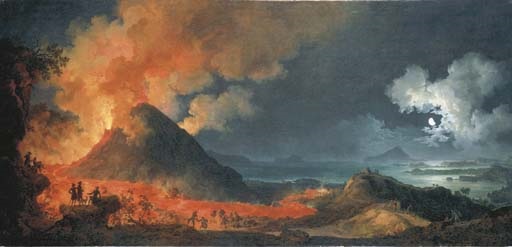 Mount Vesuvius erupting at night seen from the Atrio del Cavallo with ...