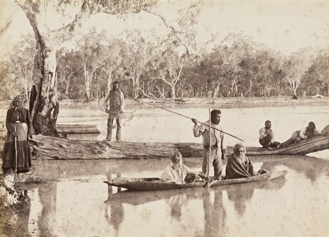 Aboriginal group fishing on the Lower Murray river, near Chowilla ...