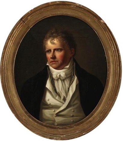Portrait of a gentleman in a white waistcoat and scarf and a brown ...