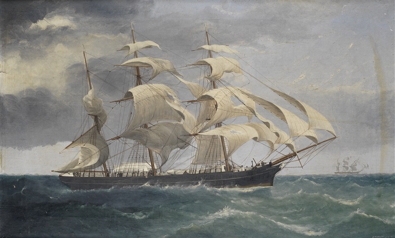 The three masted barque Mary Evans in a gale, and becalmed off a port ...