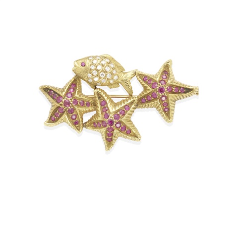 CARTIER AN 18K GOLD, RUBY, AND DIAMOND FISH BROOCH, ITALY by Cartier ...