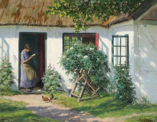 Courtyard exterior with a reading woman in the door by Karl Harald ...