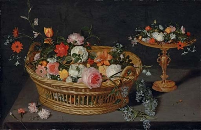 A basket of flowers with a tazza on a wooden ledge by Jan Brueghel the ...