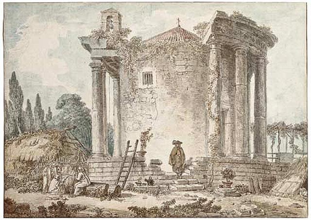 The Temple of the Sybil at Tivoli, Capuchin monks standing among the ...