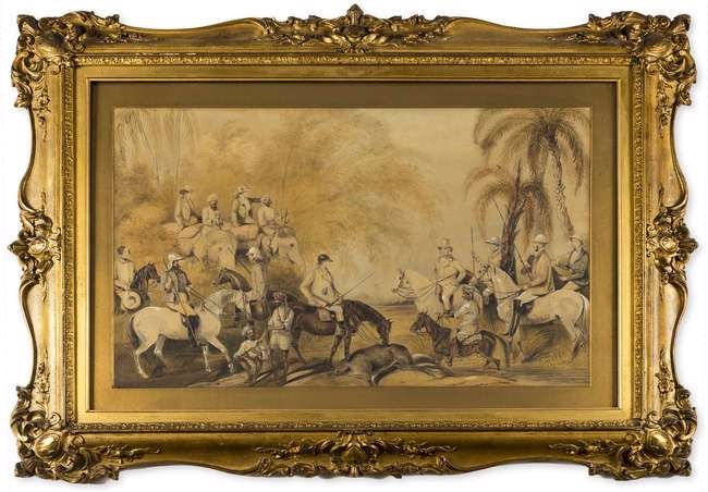 Lord Elphinstone and Captain Parr riding on elephants, hog-hunting in ...