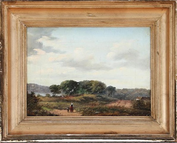 A country road cutting through a landscape near a lake by Vilhelm Peter ...