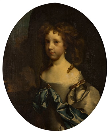 Portrait of a young girl, wearing a blue and grey silk dress, half ...