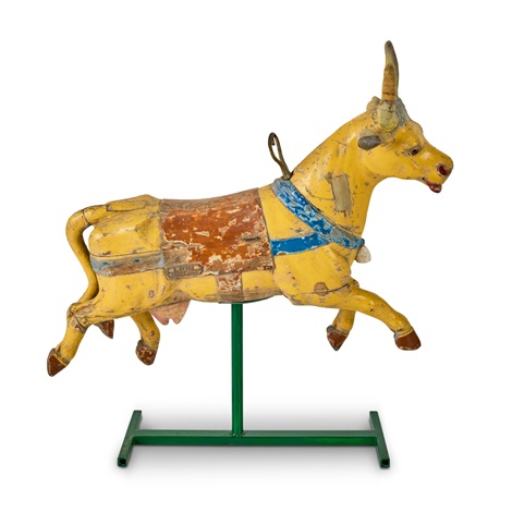 A French carved and painted juvenile carousel ride figure of a cow by ...
