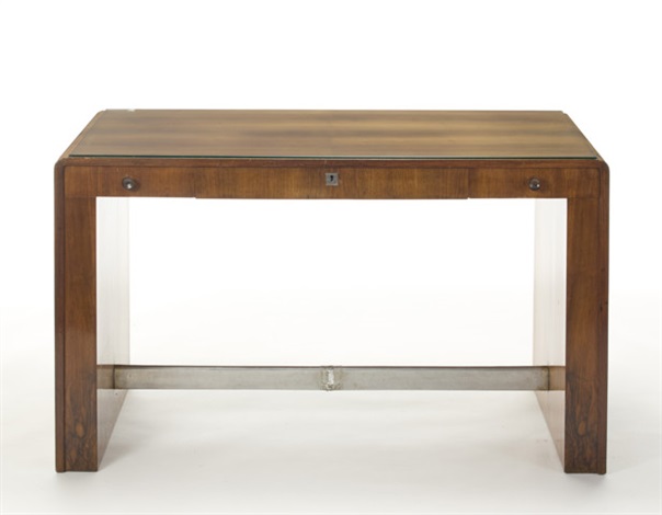Rationalist desk in solid walnut wood and veneer, turned wood handles ...