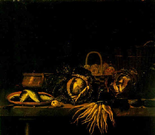 A still life of fish and vegetables on a table by Hubert van Ravesteyn ...