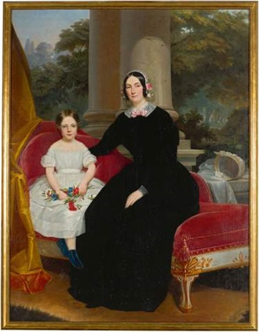 Portrait of a mother and her daughter, full-length, seated on a chaise ...