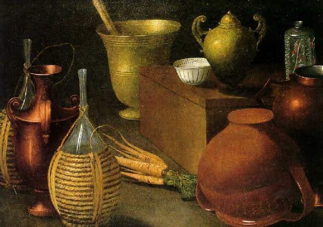 Still life of copper and brass vessels, wine flasks, an upturned ...