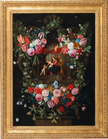 A wreath of flowers surrounding a cartouche with the Holy Family and ...