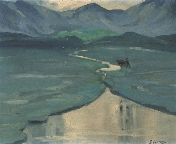 Winding river with horse and figure and mountains beyond by Grace Henry ...