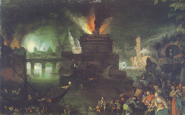 The sack of Troy, with Aeneas, Anchises and Ascanius fleeing the ...