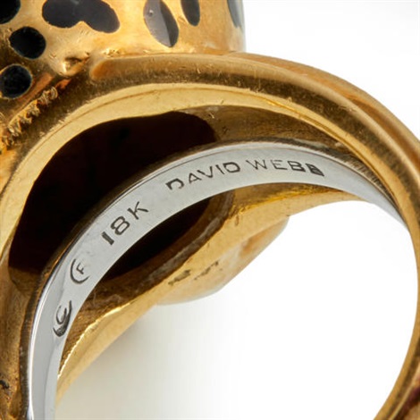 DAVID WEBB AND 18K GOLD, ENAMEL, AND EMERALD LEOPARD RING by David Webb ...