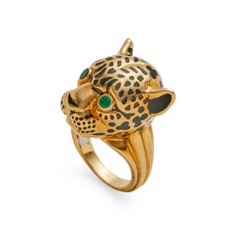 DAVID WEBB AND 18K GOLD, ENAMEL, AND EMERALD LEOPARD RING by David Webb ...