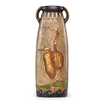 Amphora Campina enameled vase with herons by Riessner, Stellmacher ...