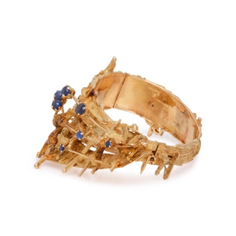 AURELIO TENO, BRUTALIST YELLOW GOLD AND SAPPHIRE BANGLE BRACELET by ...