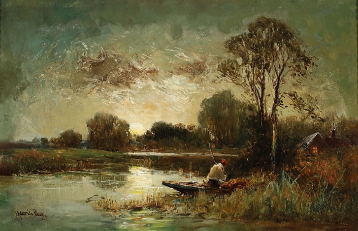 En fisker i sin båd ved bredden af en sø i Sussex by Henry Maurice Page ...