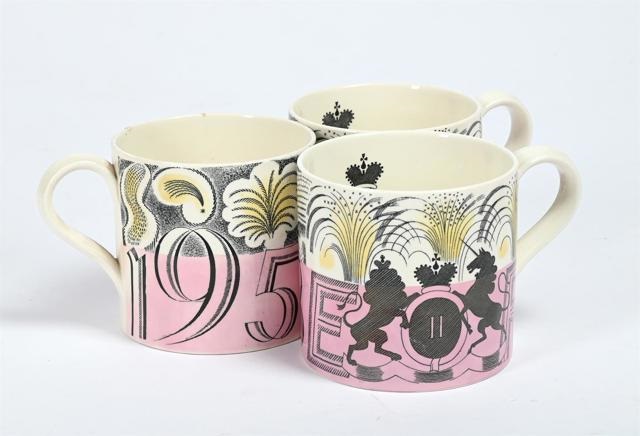 THREE 1953 CORONATION COMMEMORATIVE MUGS AND A NURSERY ALPHABET MUG by ...