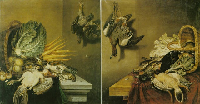 AN OVERTURNED BASKET OF FOWL, TURNIPS, APPLES, ONIONS AND A CABBAGE ON ...